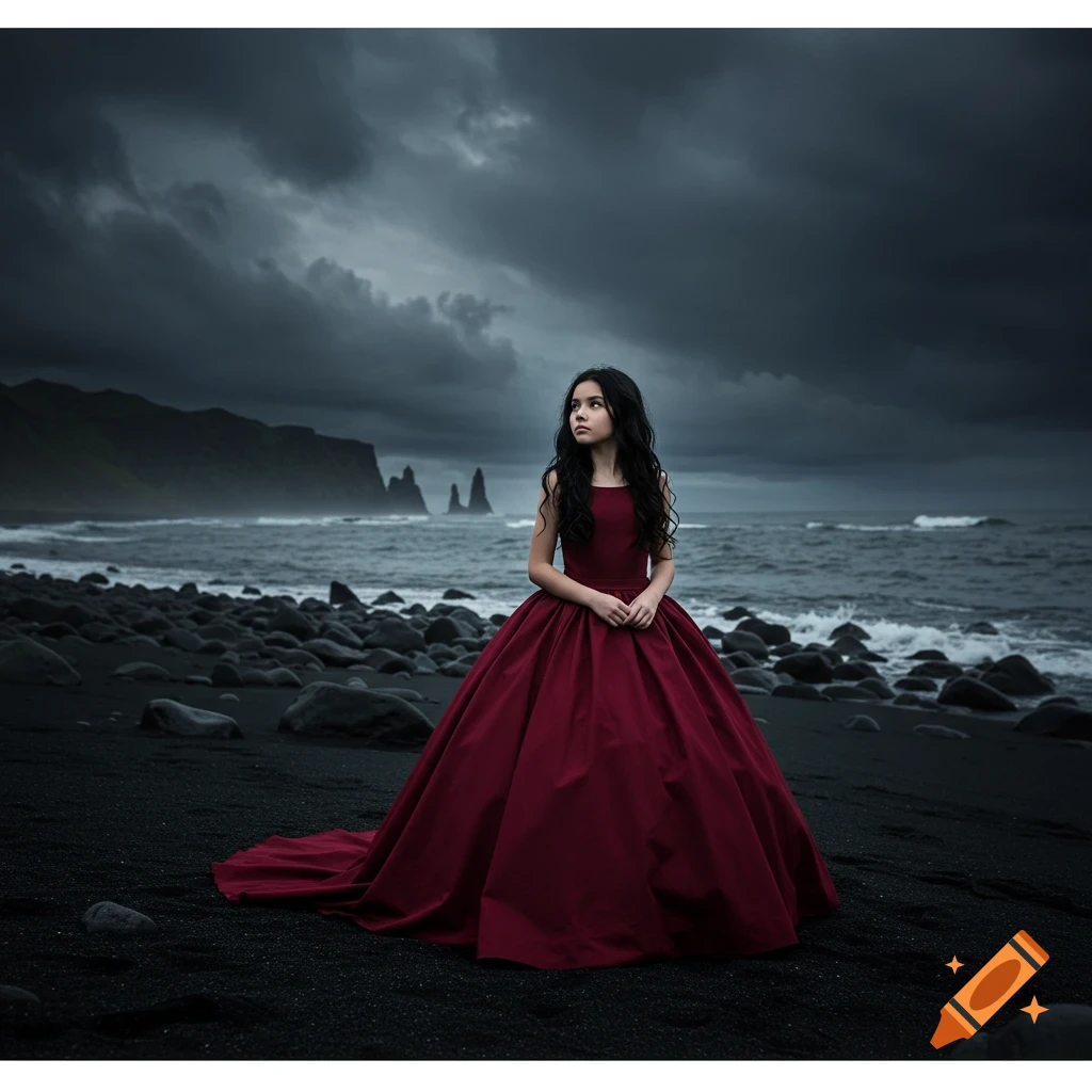 Girl in maroon ball gown on dark cloudy beach on Craiyon
