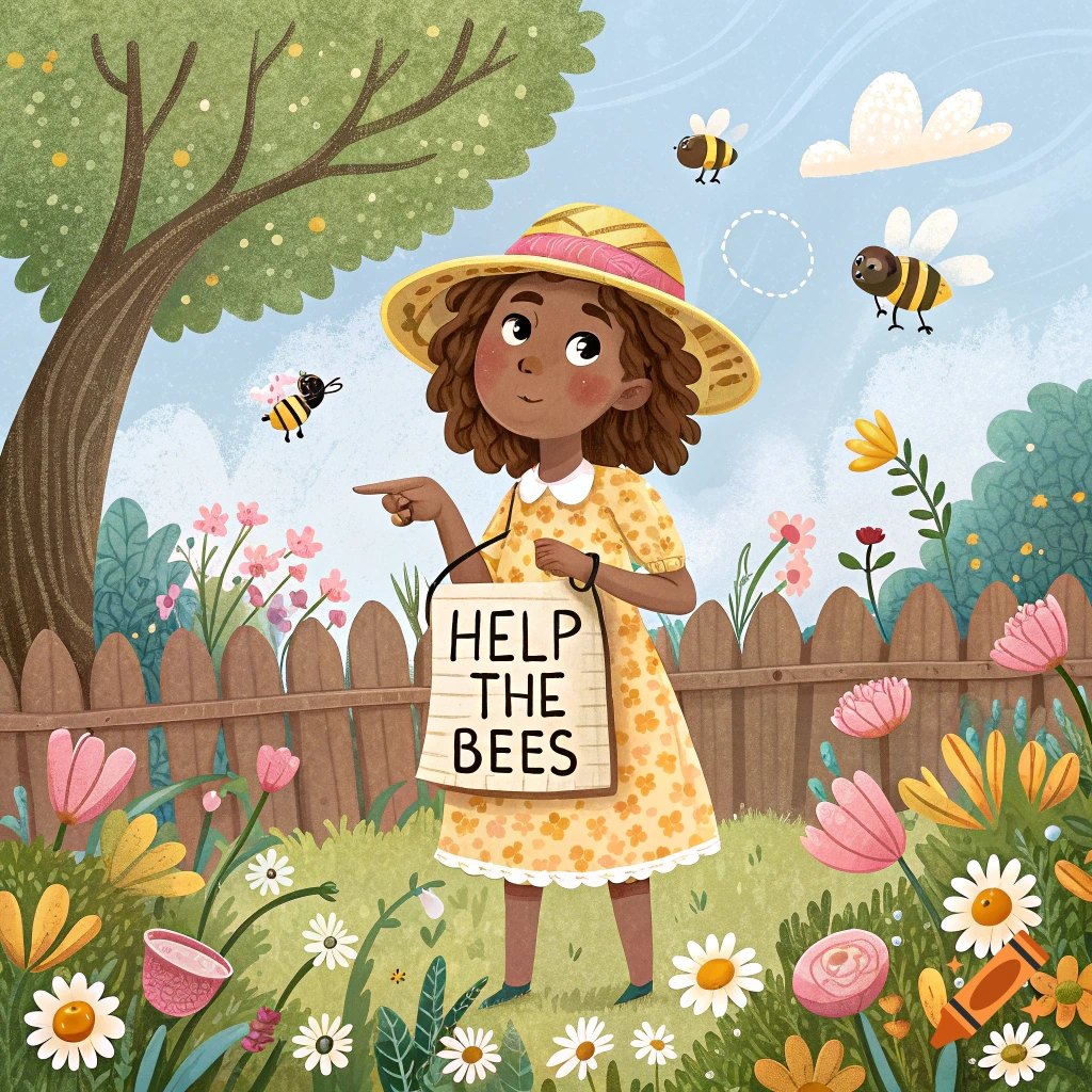 Illustration of a girl holding a sign 'HELP THE BEES' in a garden with flowers and bees. on Craiyon