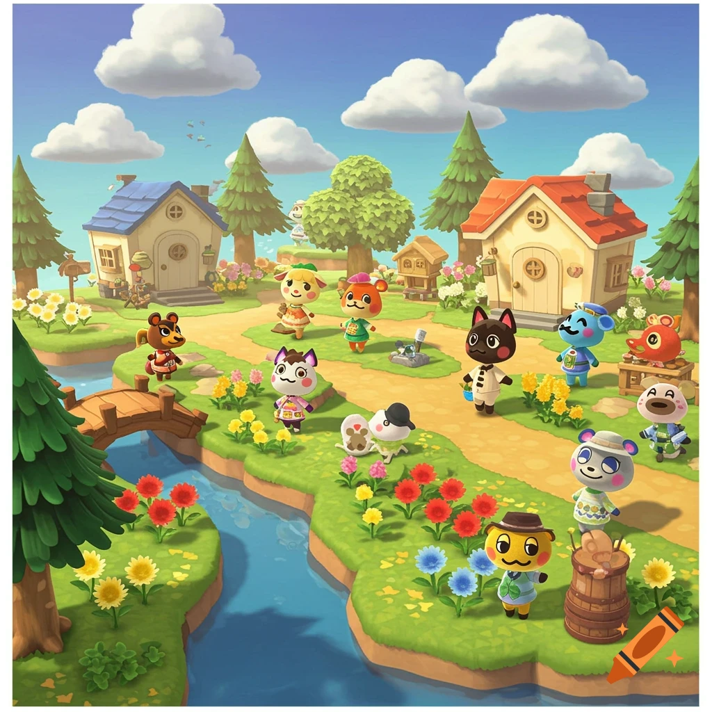 Animal Crossing characters stand in a village scene with a giant pear ...