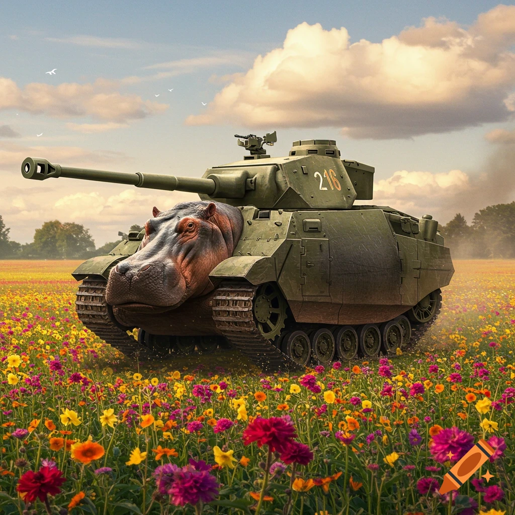 A hippo's head replaces the front of a tank in a field of colorful ...