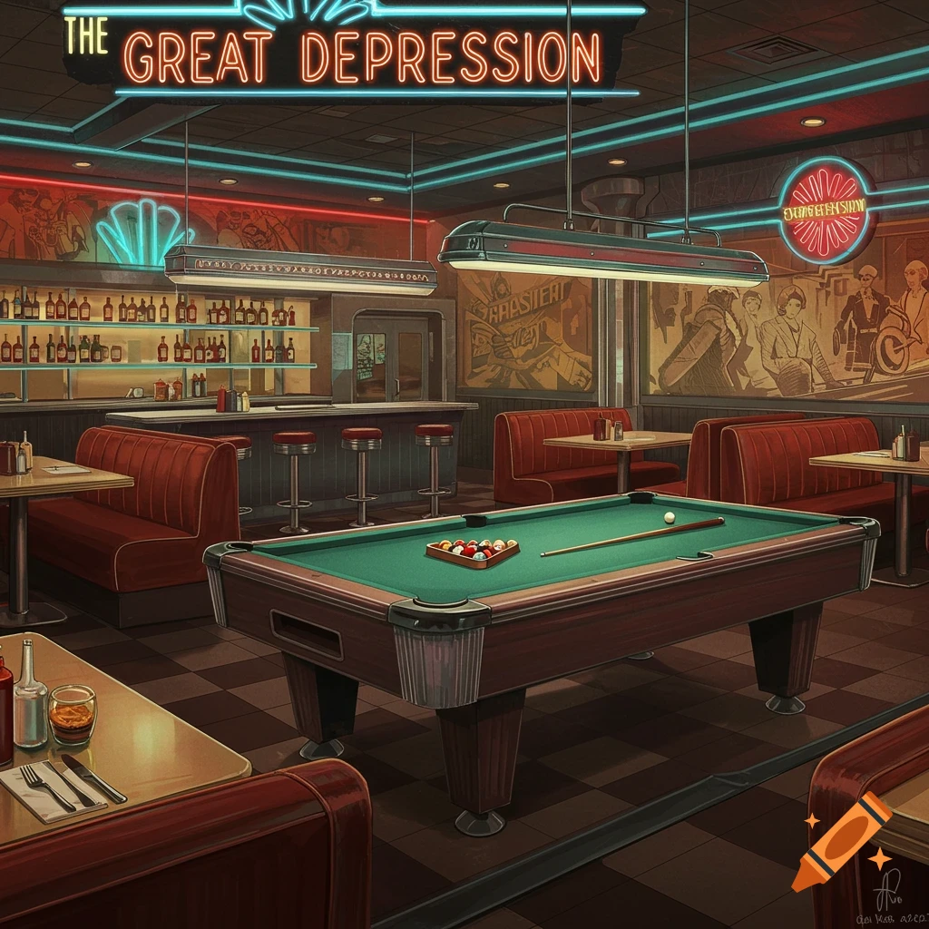 Modernized diner called The Great Depression with pool table on Craiyon