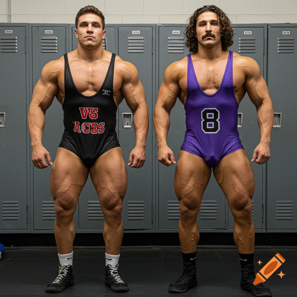 Two muscular bodybuilders in singlets standing in front of lockers on ...