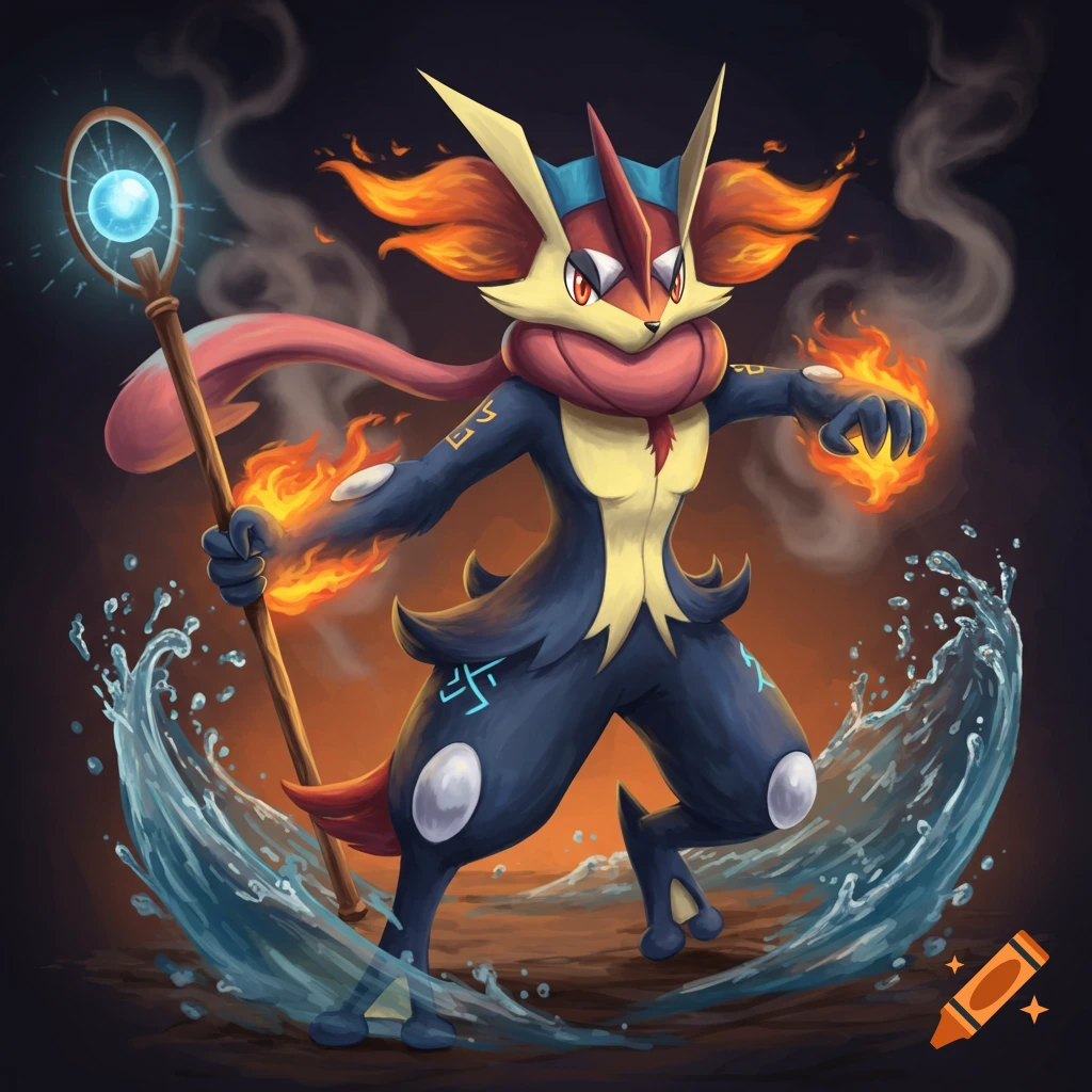 Fusion Pokémon Delphox and Greninja with fiery mist scarf and water ...