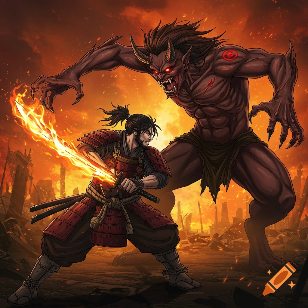 Samurai fighting demon anime with fire sword on Craiyon