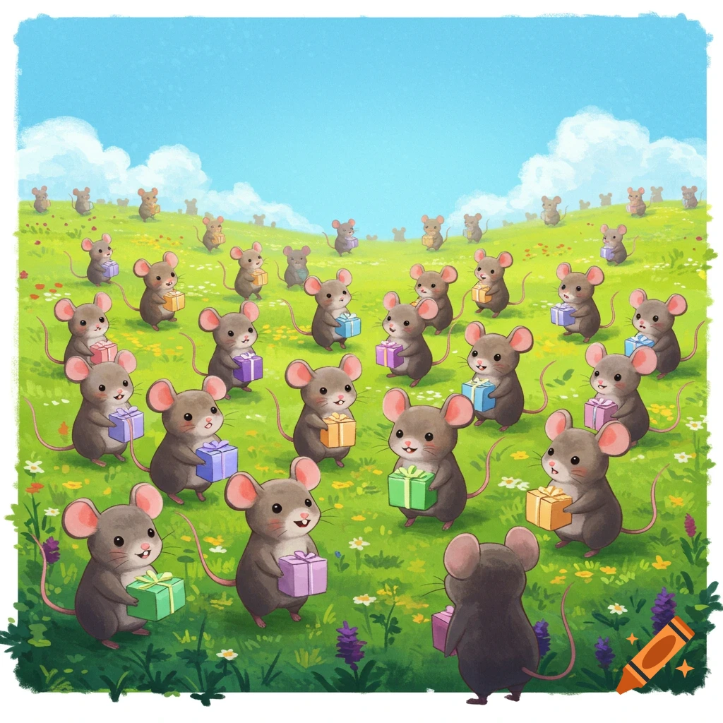 Many cute mice holding presents in a green field under a blue sky. on ...