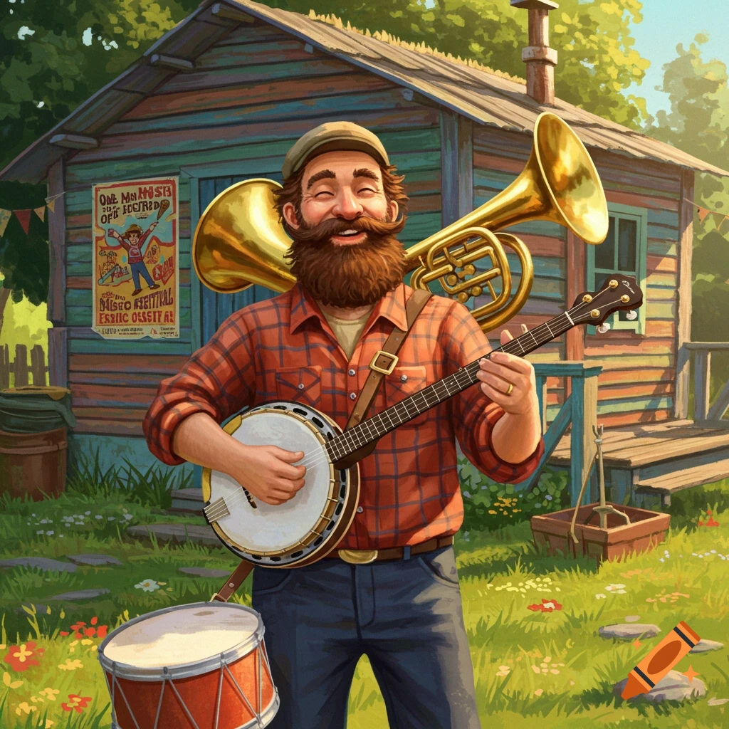 One-man band with banjo, drum, horn, and accordion on Craiyon