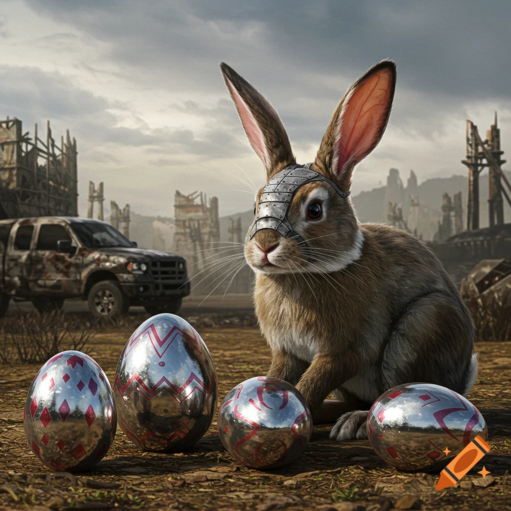Realistic Easter bunny hiding chrome eggs in a post-apocalyptic setting ...