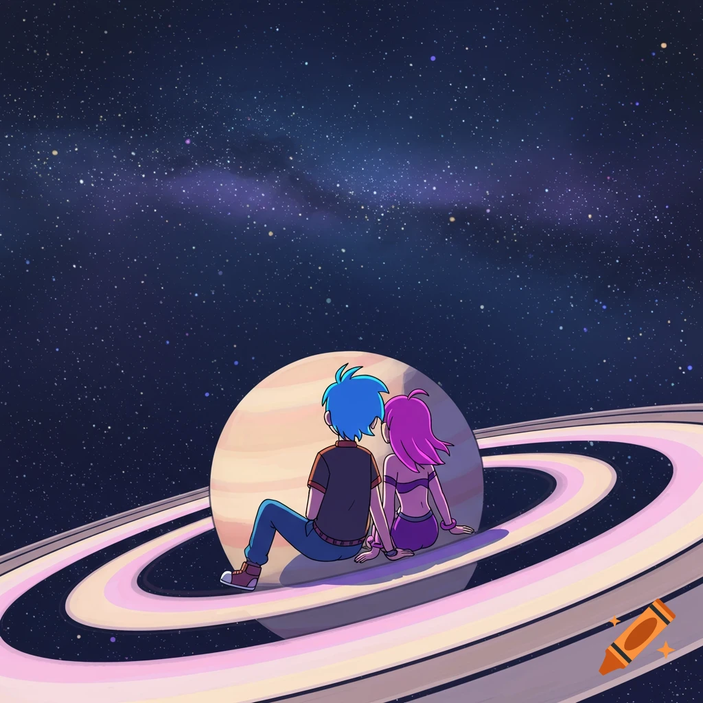 Cartoon couple stargazing on Saturn's rings on Craiyon