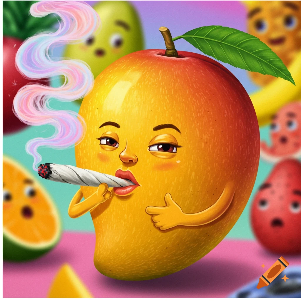 A cartoon mango is smoking a joint, with other surprised cartoon fruits ...