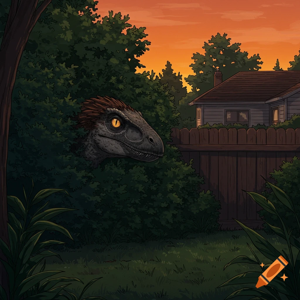 Utahraptor peeking from suburban bushes at sunset on Craiyon