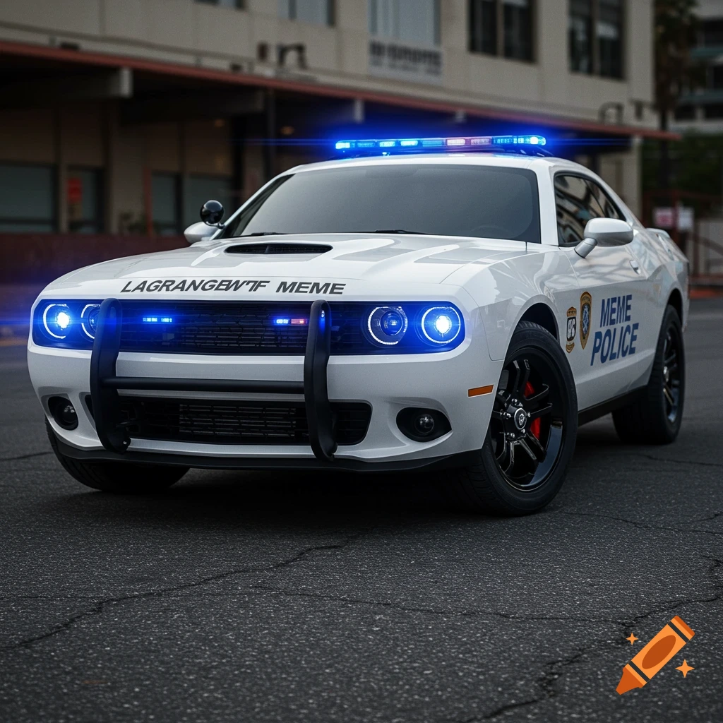 White police car with blue lights and text on hood and side on Craiyon