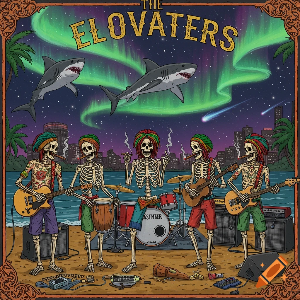 Band poster of reggae skeletons jamming at a concert with sharks, The ...