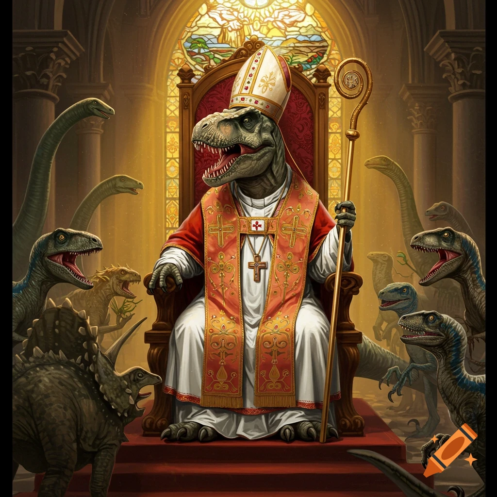A T-Rex dressed as a pope sits on a throne in a church, surrounded by ...