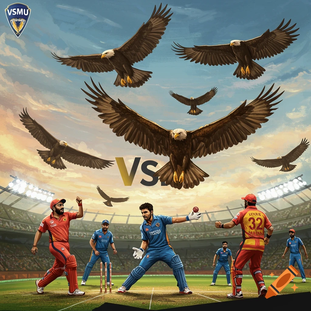 Cricket league men with flying eagles and the word 'vsmu' on Craiyon