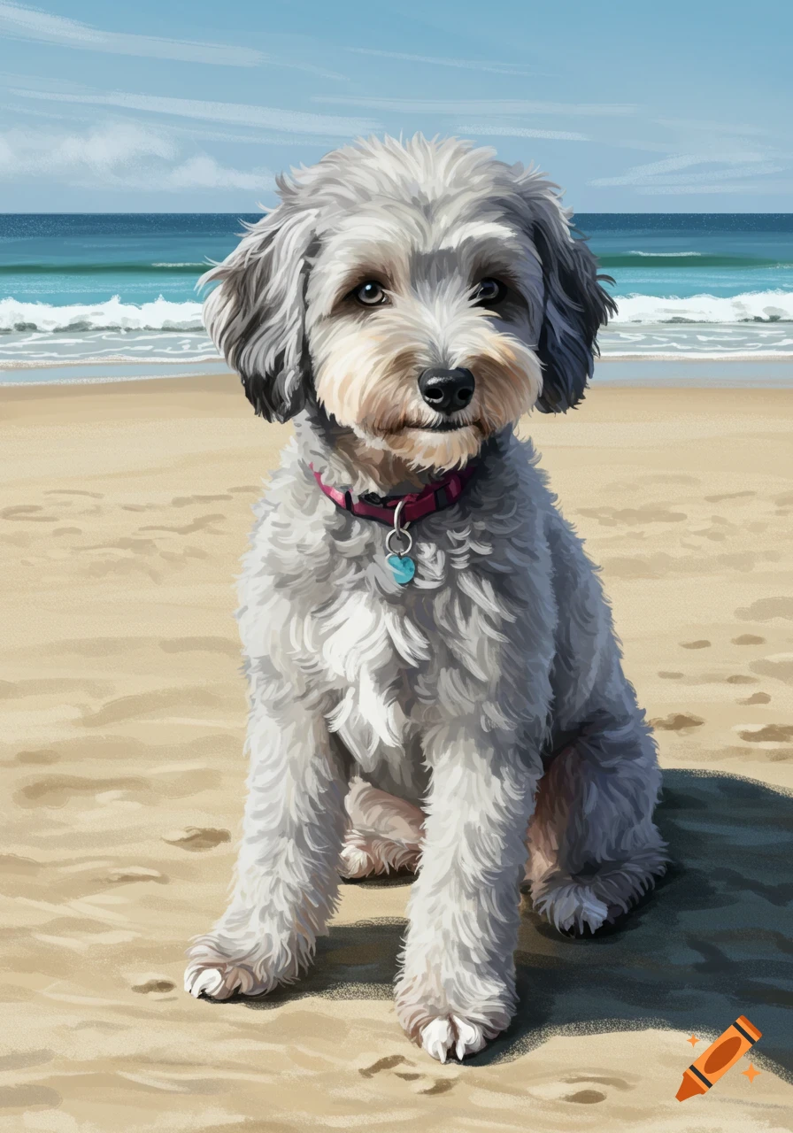 Light grey Aussie doodle on a beach on Craiyon