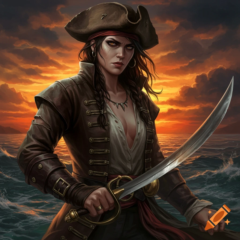 A pirate with a peg leg stands on a plank in a stormy sea with ...