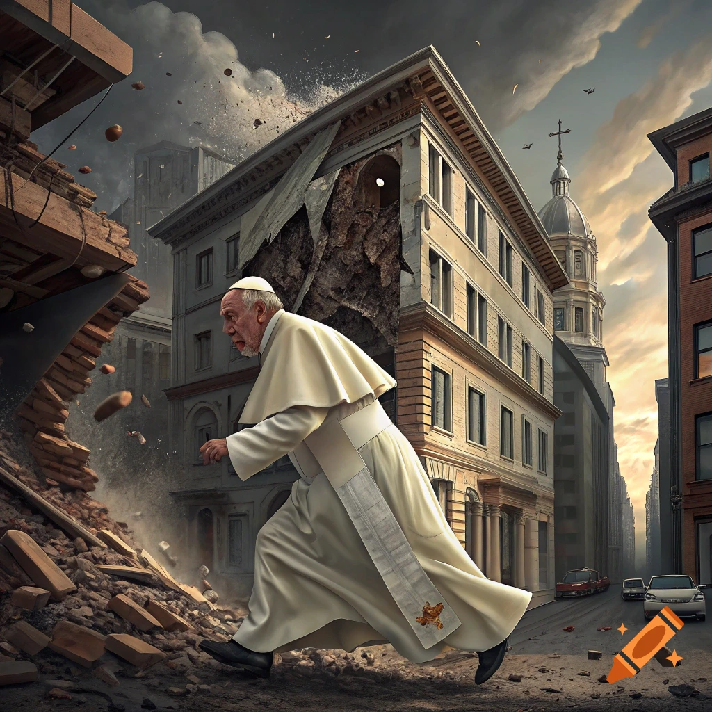 Pope Francis runs from a crumbling building after an earthquake in a ...