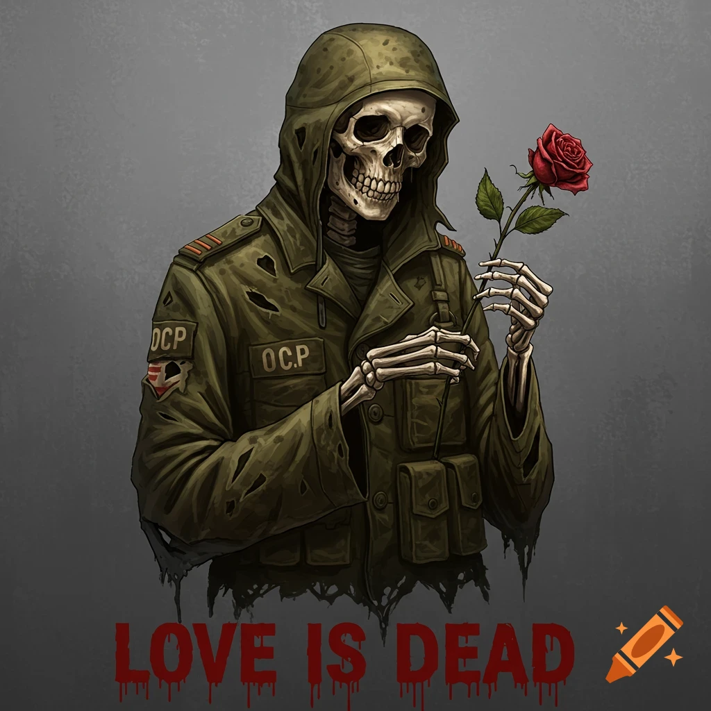 Skeleton in torn OCP uniform holding dead rose with text "LOVE IS DEAD ...