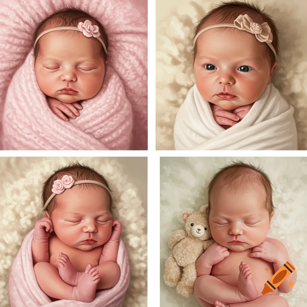 Four swaddled newborn babies in different poses, sleeping and awake ...