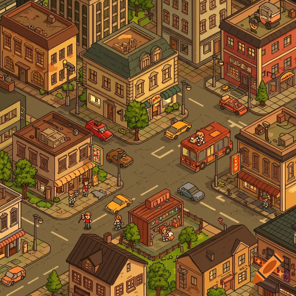 Isometric illustration of a colorful town with various buildings ...