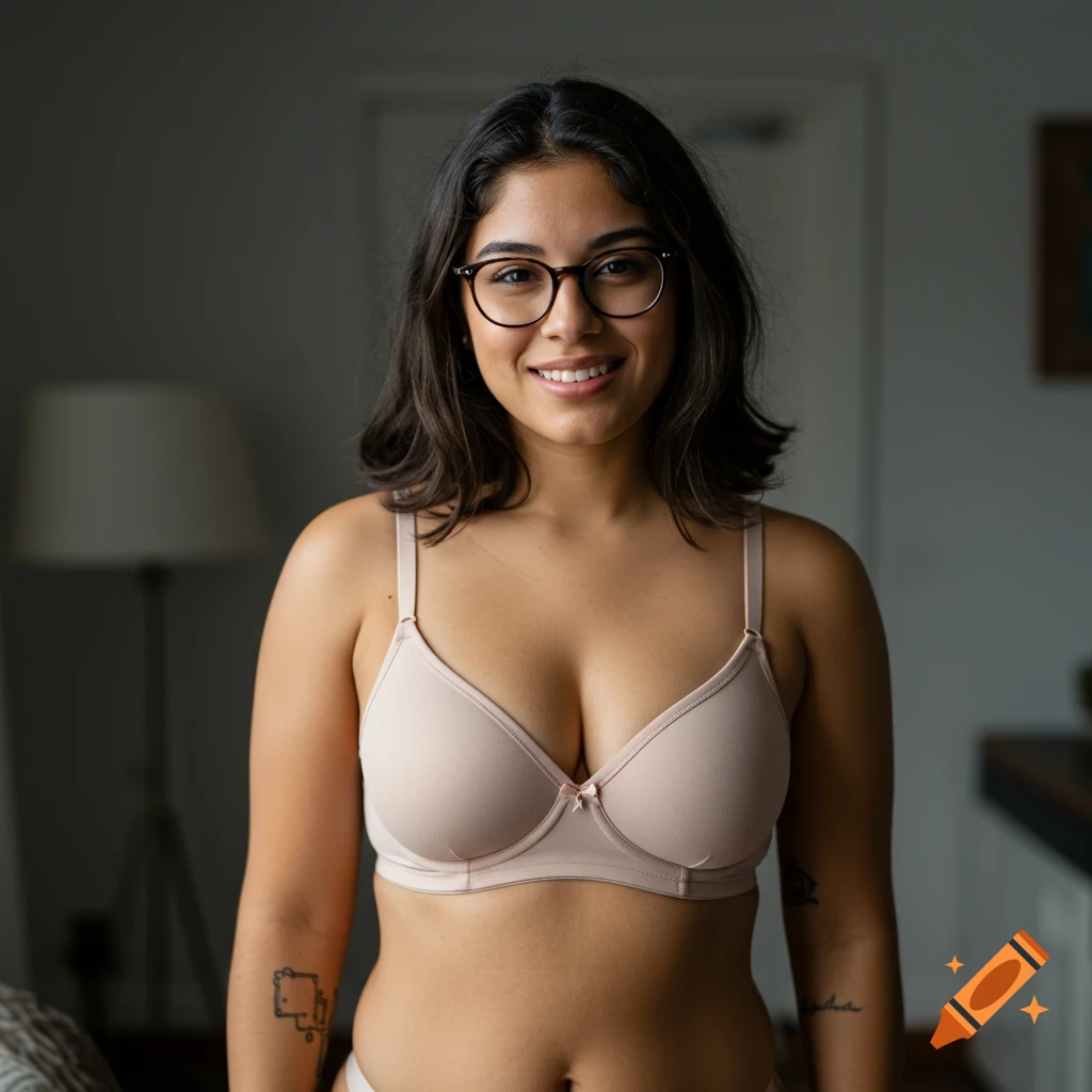 Smiling nerdy Latina woman in underwear indoors on Craiyon