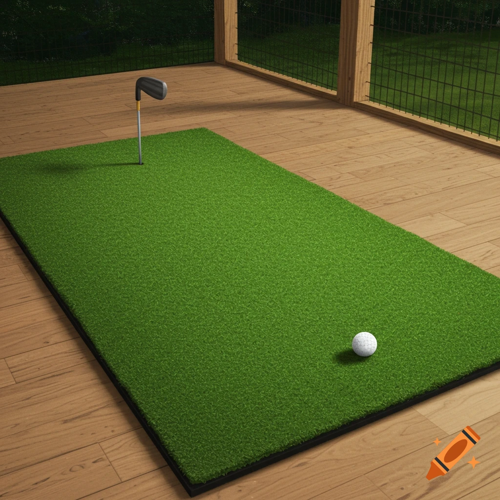 An indoor golf practice area with a green, sand trap, and golf balls ...