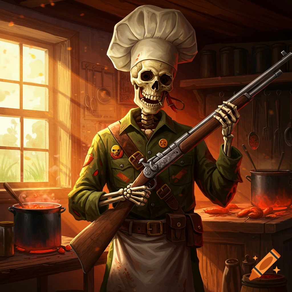 Skeleton Cajun cook in military gear holding a gun on Craiyon