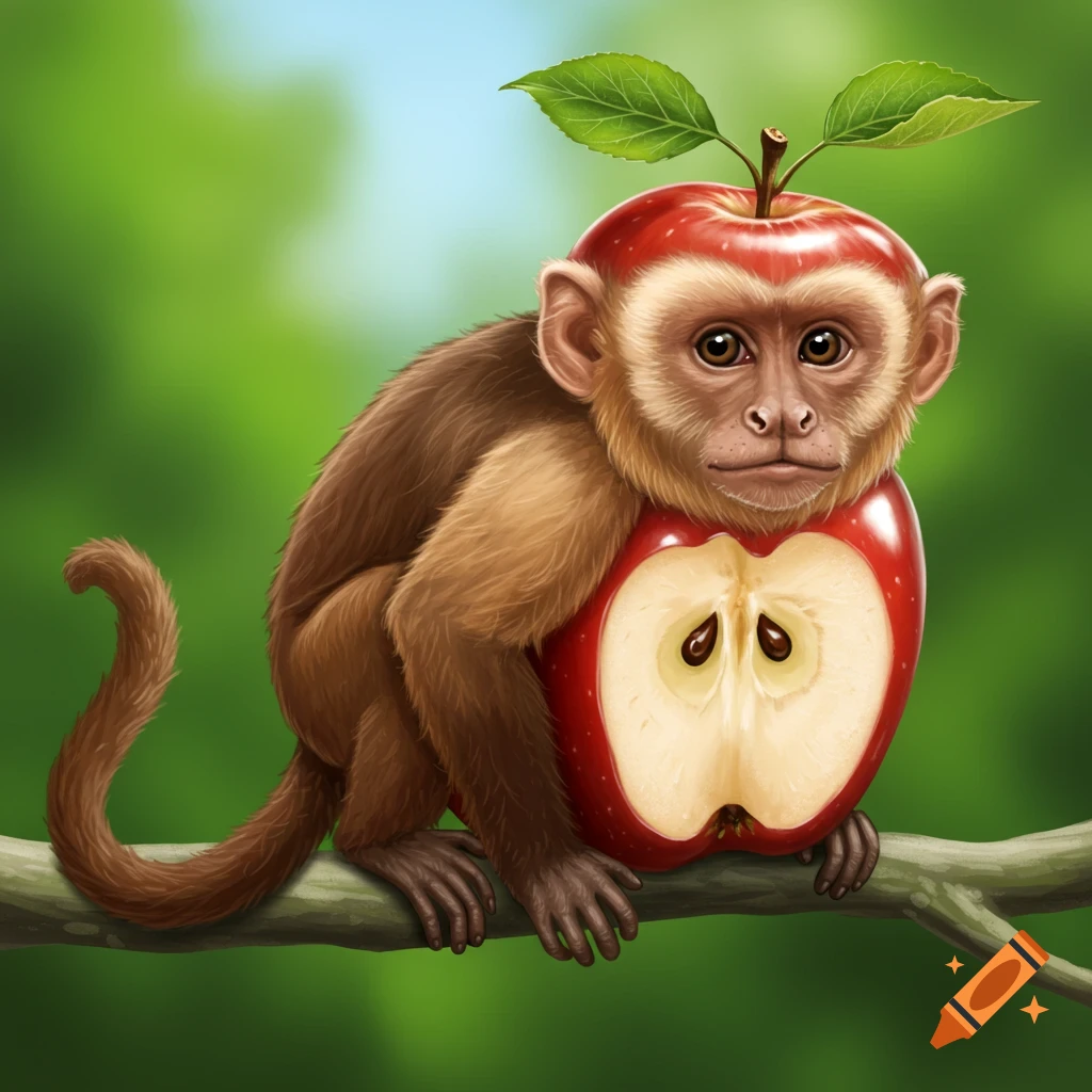 A monkey combined with a red apple, sitting on a branch. on Craiyon