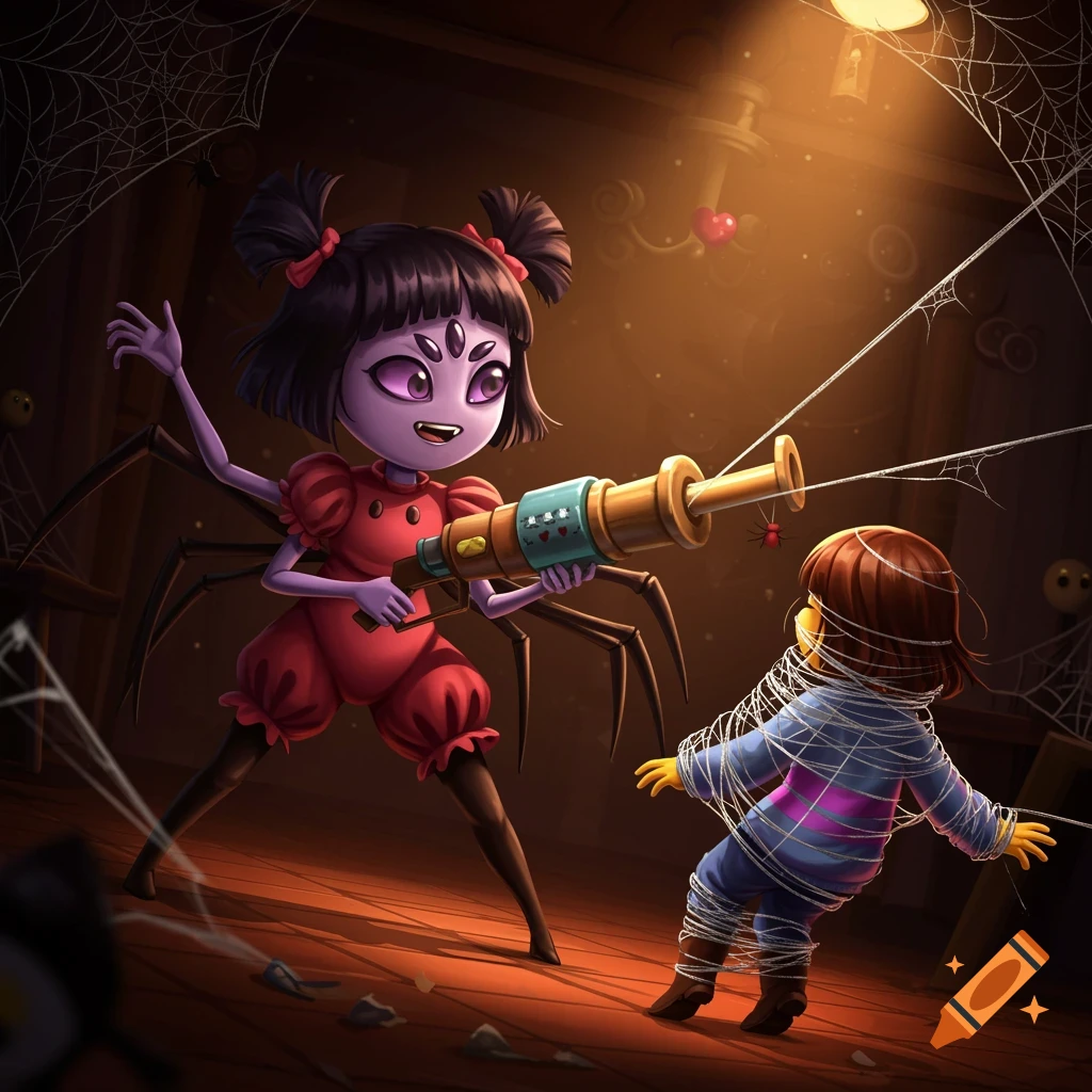 Spider character Muffet watching human child Frisk tied in her web. on ...