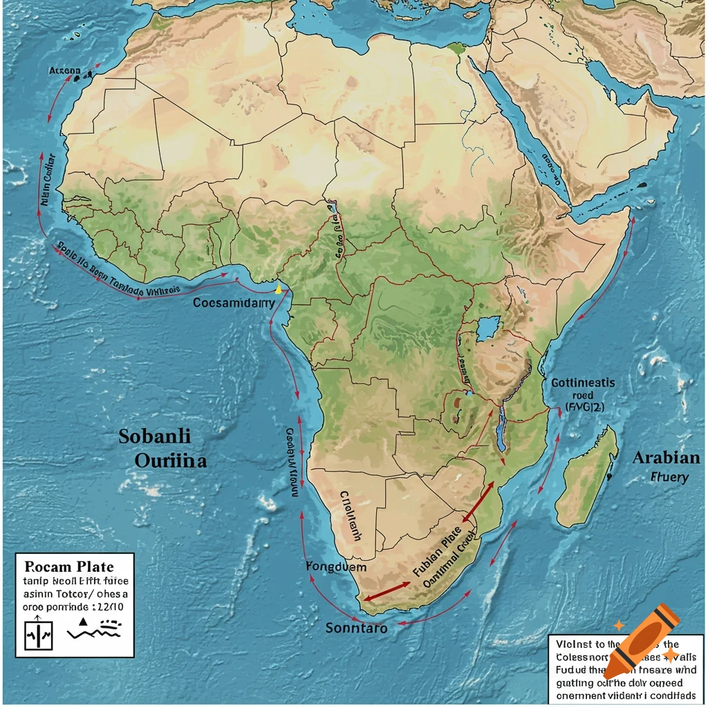 Diagram of tectonic plates beneath Africa causing rift on Craiyon