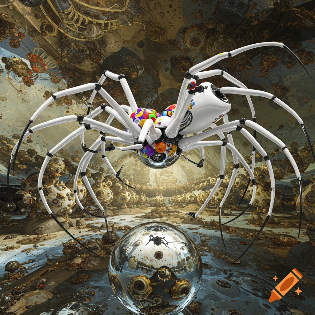 A white robotic spider with colorful abdomen hovers over a reflective ...