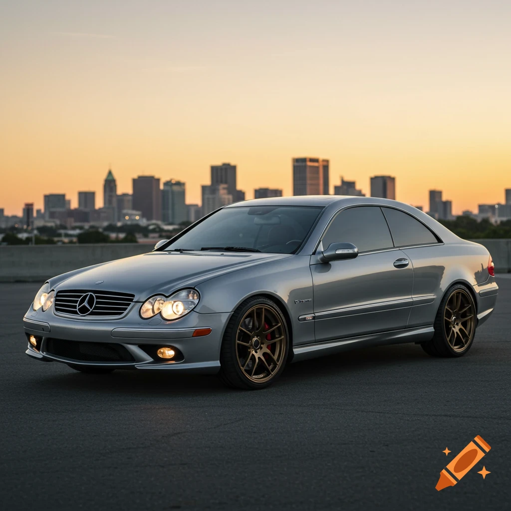 Silver 2004 Mercedes CLK55 AMG with bronze Milano rims on Craiyon