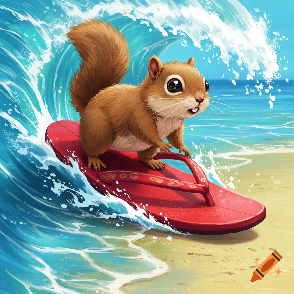 Squirrel surfing on a Korean red sandal on Craiyon