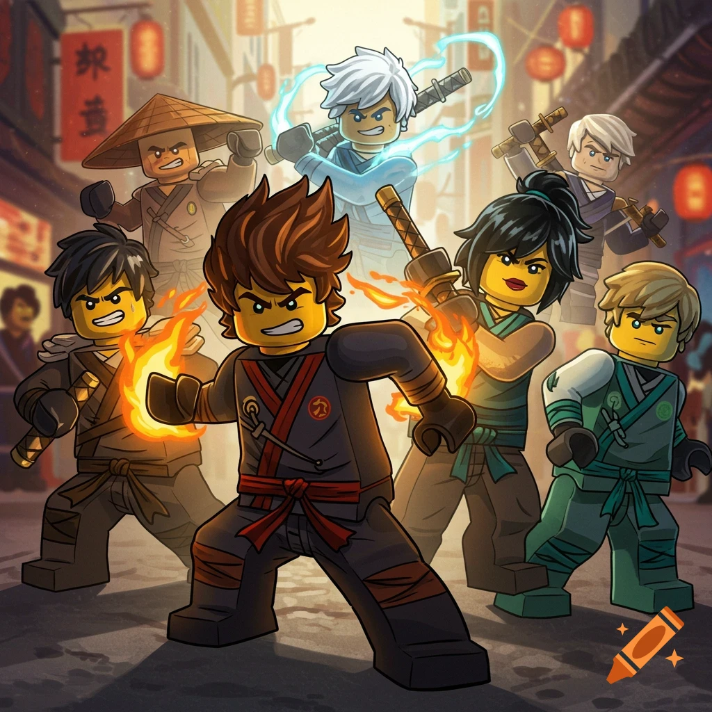 Lego Ninjago characters fighting in a street scene. on Craiyon