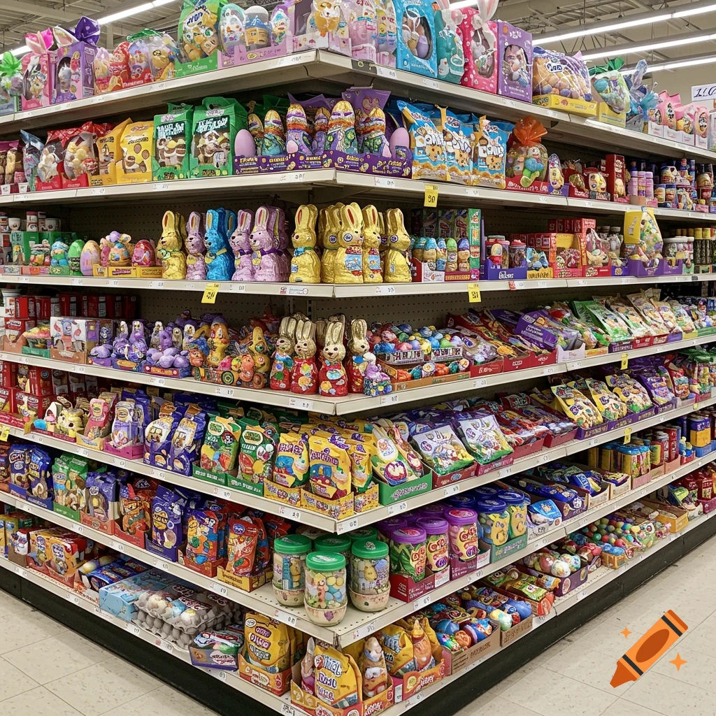 Grocery store shelves with Easter-themed goods on Craiyon