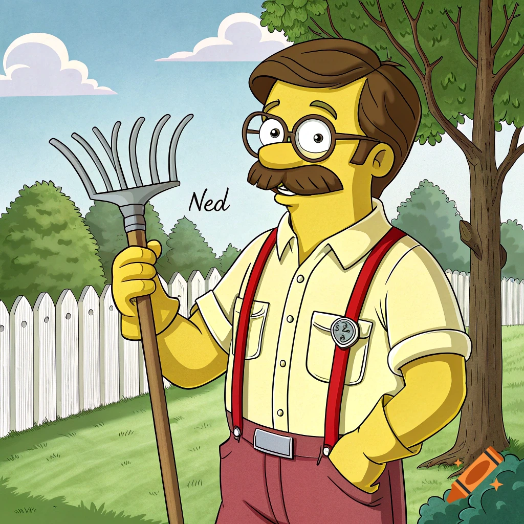 Cartoon illustration in Simpsons style of Ned Flanders holding a rake ...