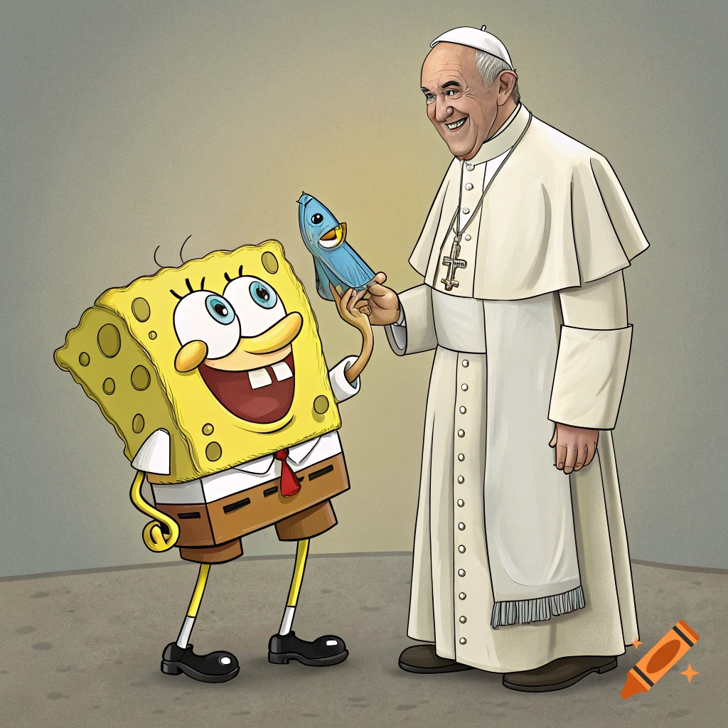 Pope Francis and Spongebob stand together in a cartoon illustration. on ...