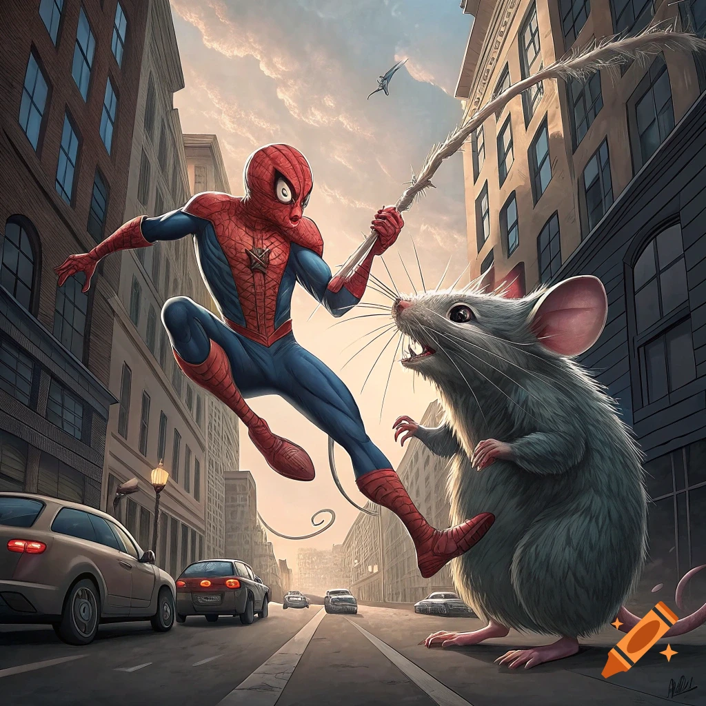 Spiderman fighting a giant mouse. Comic style illustration of Marvel ...