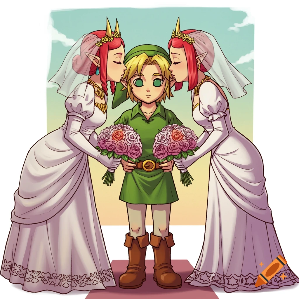 Link stands between two women in wedding dresses kissing his cheeks ...