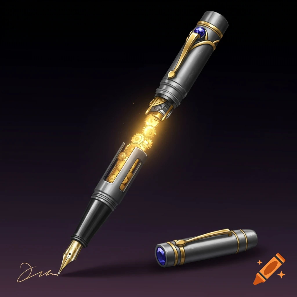 A steampunk fountain pen with glowing gold gears visible inside ...