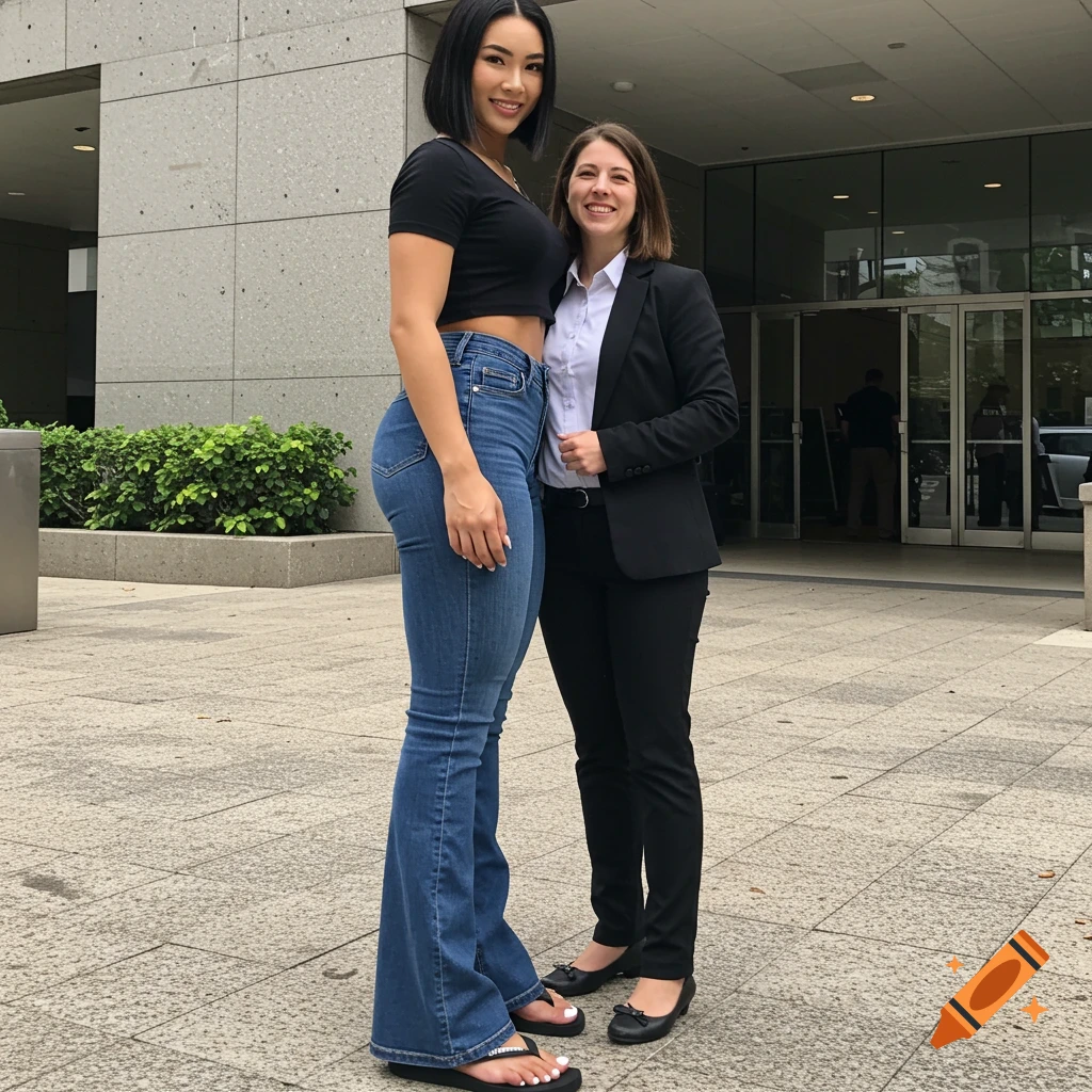 A very tall woman in flared jeans and a hoodie stands next to a shorter ...