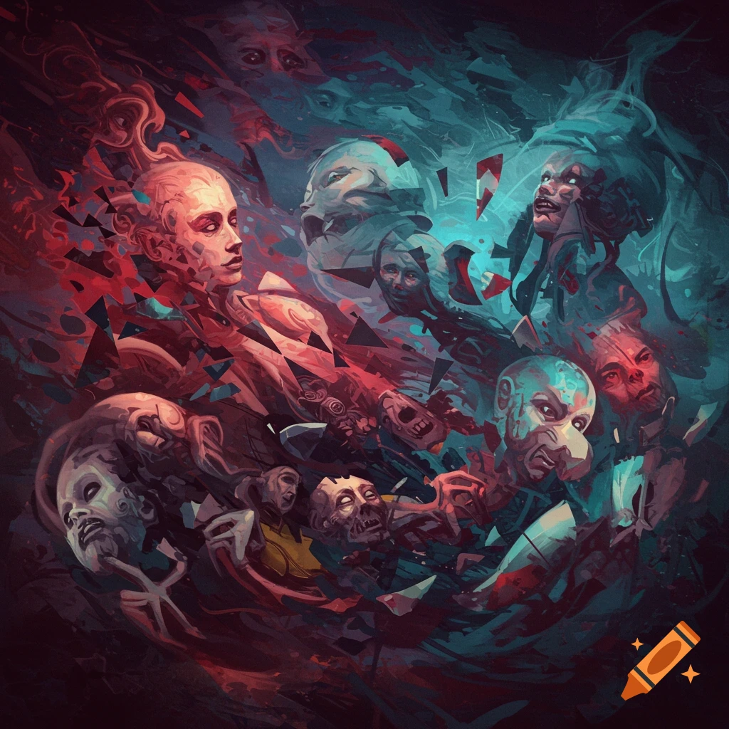 An abstract image featuring distorted faces and figures in swirling red ...