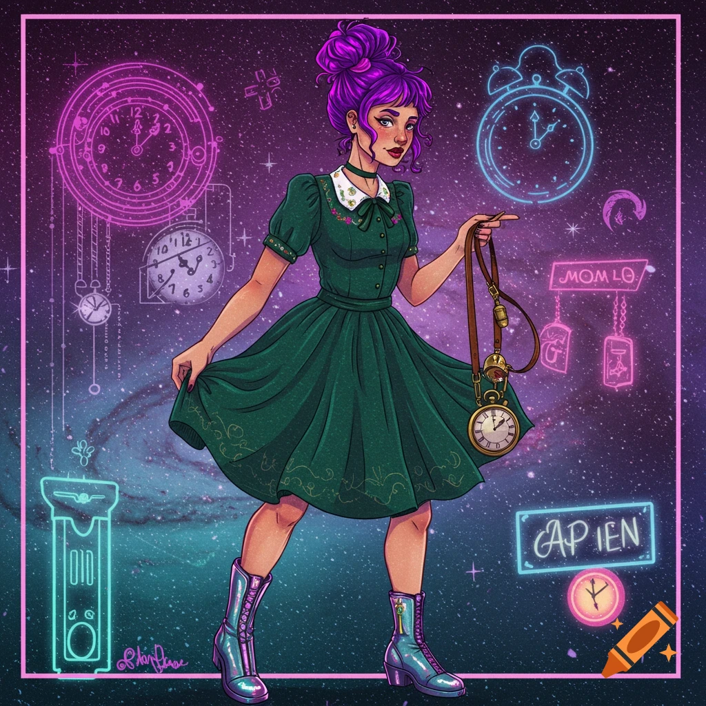 A woman in a green dress with purple hair holds a pocket watch in a ...