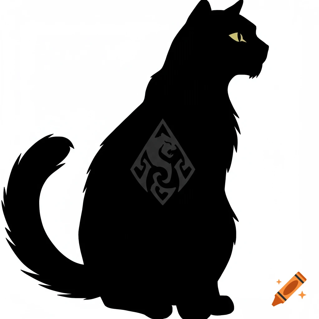 Black cat silhouette with a fantasy symbol on its side. on Craiyon