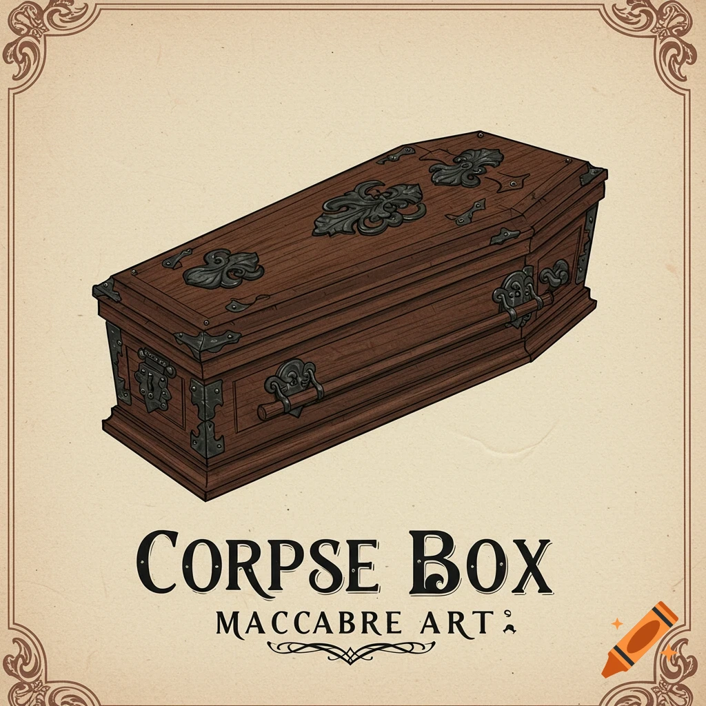 Illustration of an old-fashioned coffin with decorative border and text ...