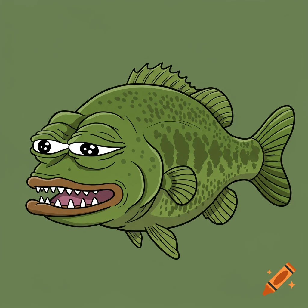 Cartoon illustration of a green fish with Pepe the Frog's face on Craiyon
