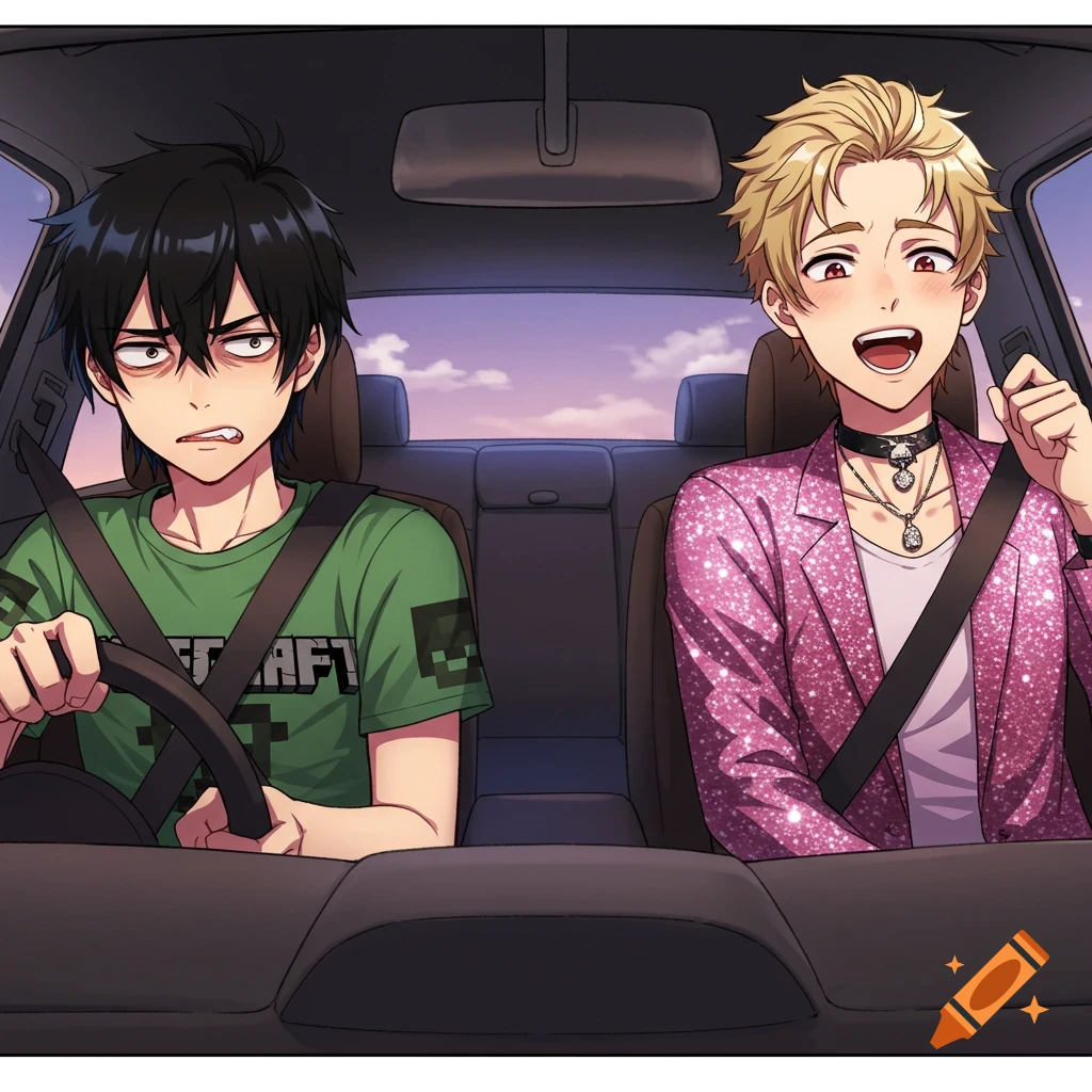 Anime illustration of two boys in a car, one stressed driver and one ...