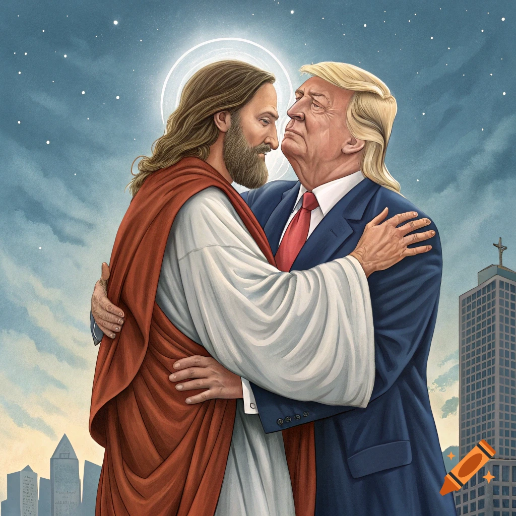 Jesus embracing Donald Trump with a cityscape backdrop. on Craiyon