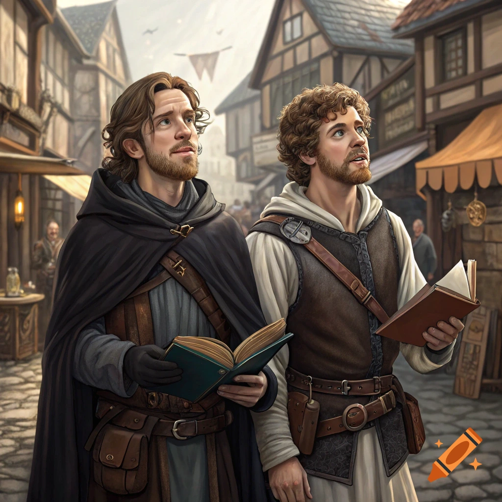 Jared and Patrick from the Mean Time podcast in medieval attire on Craiyon