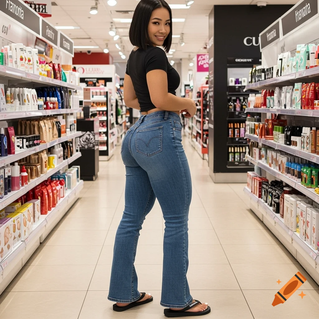 A woman in a black crop top and flared jeans stands in a store aisle. on Craiyon